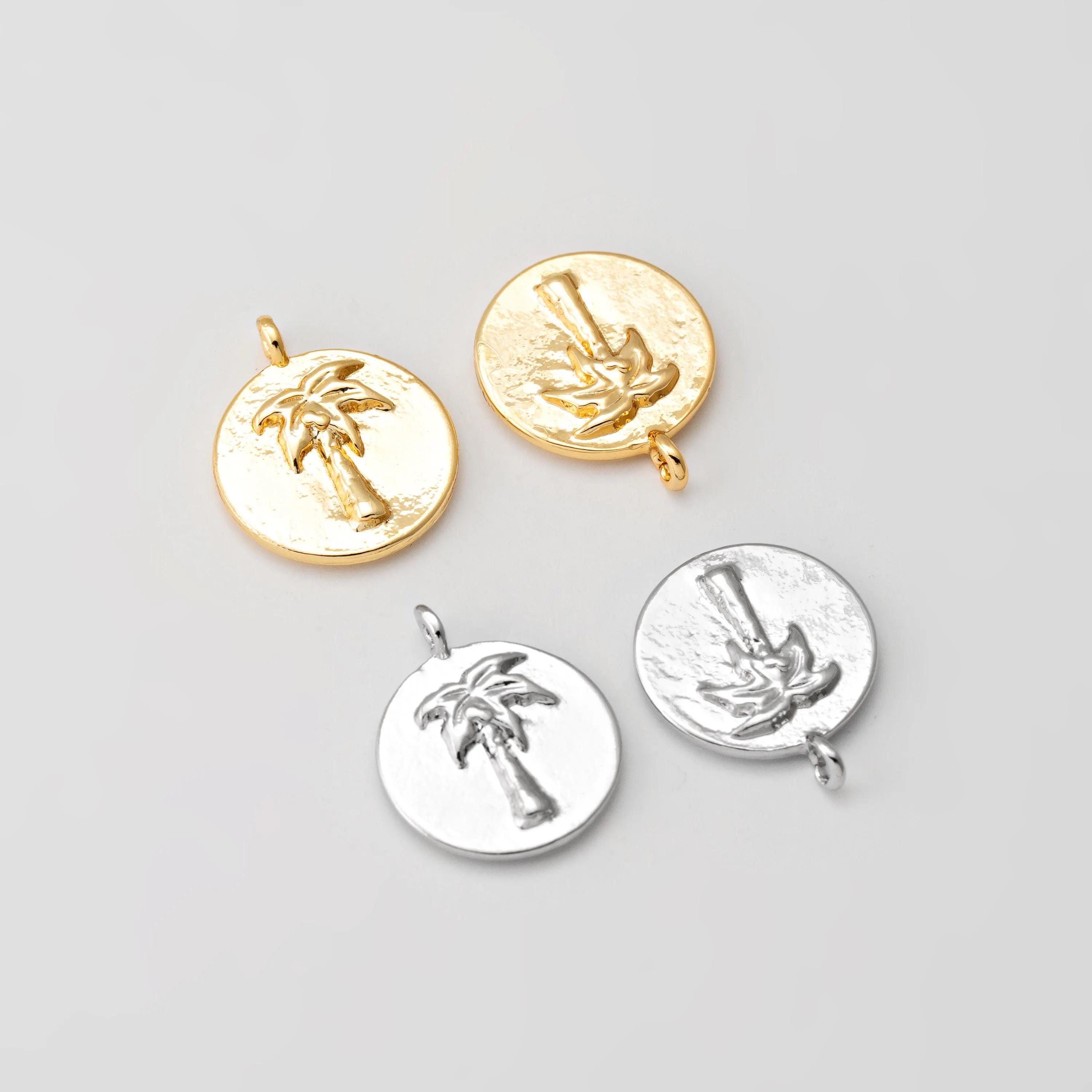2PCS - Palm Tree Coin Pendant, Mini Round Tree Dangle Charm, Real 14K ...