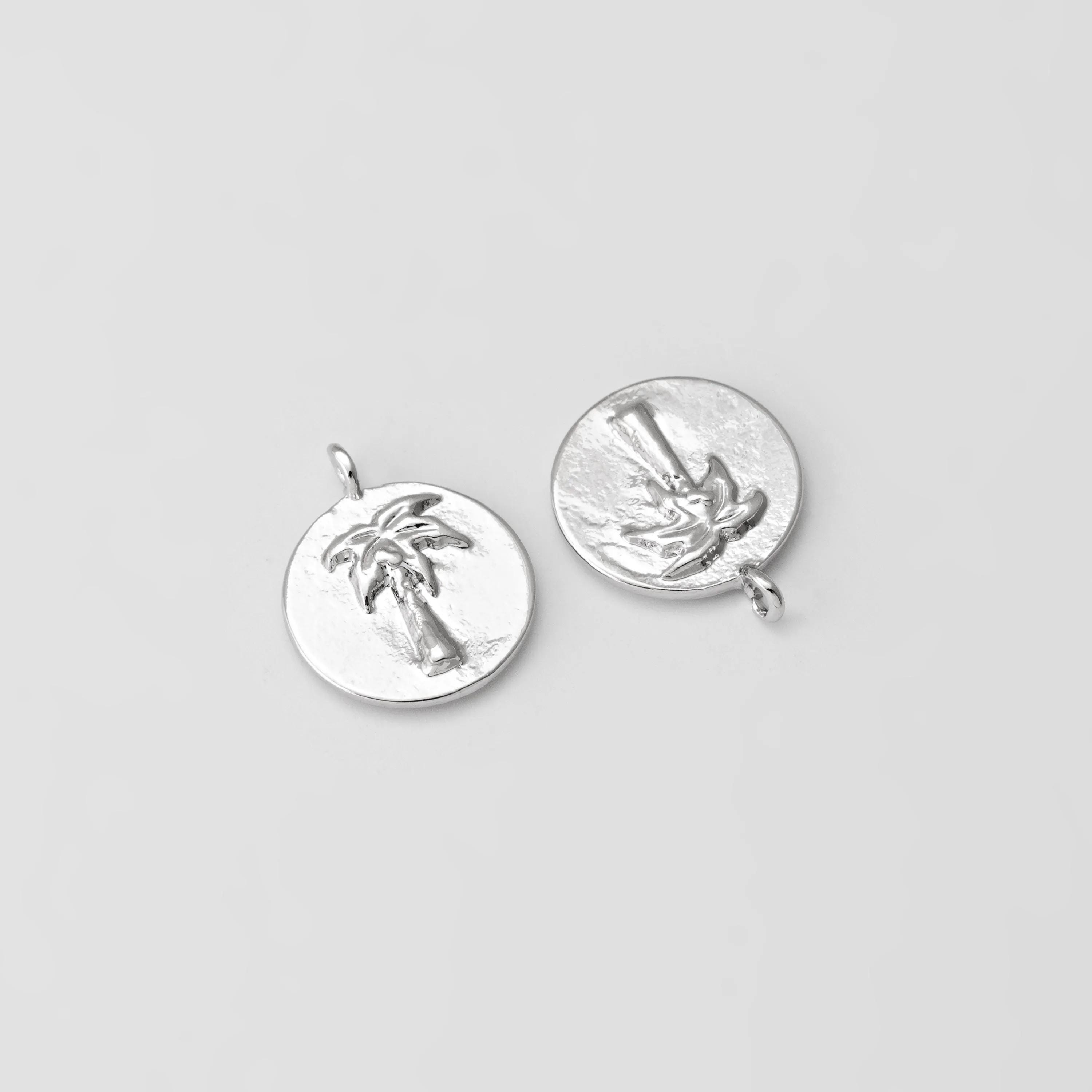 2PCS - Palm Tree Coin Pendant, Mini Round Tree Dangle Charm, Real 14K ...