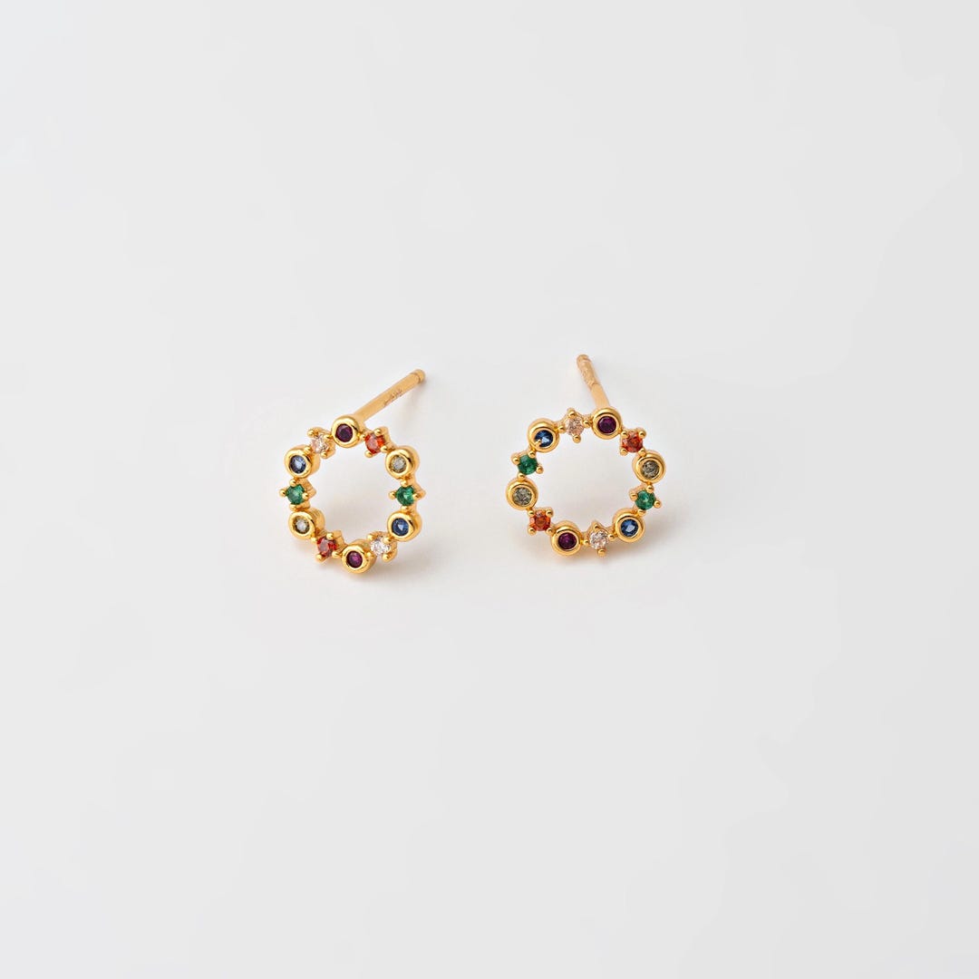 2PCS - Multi Color Zircon Round Shape Stud Earring, Tiny Circle Post ...
