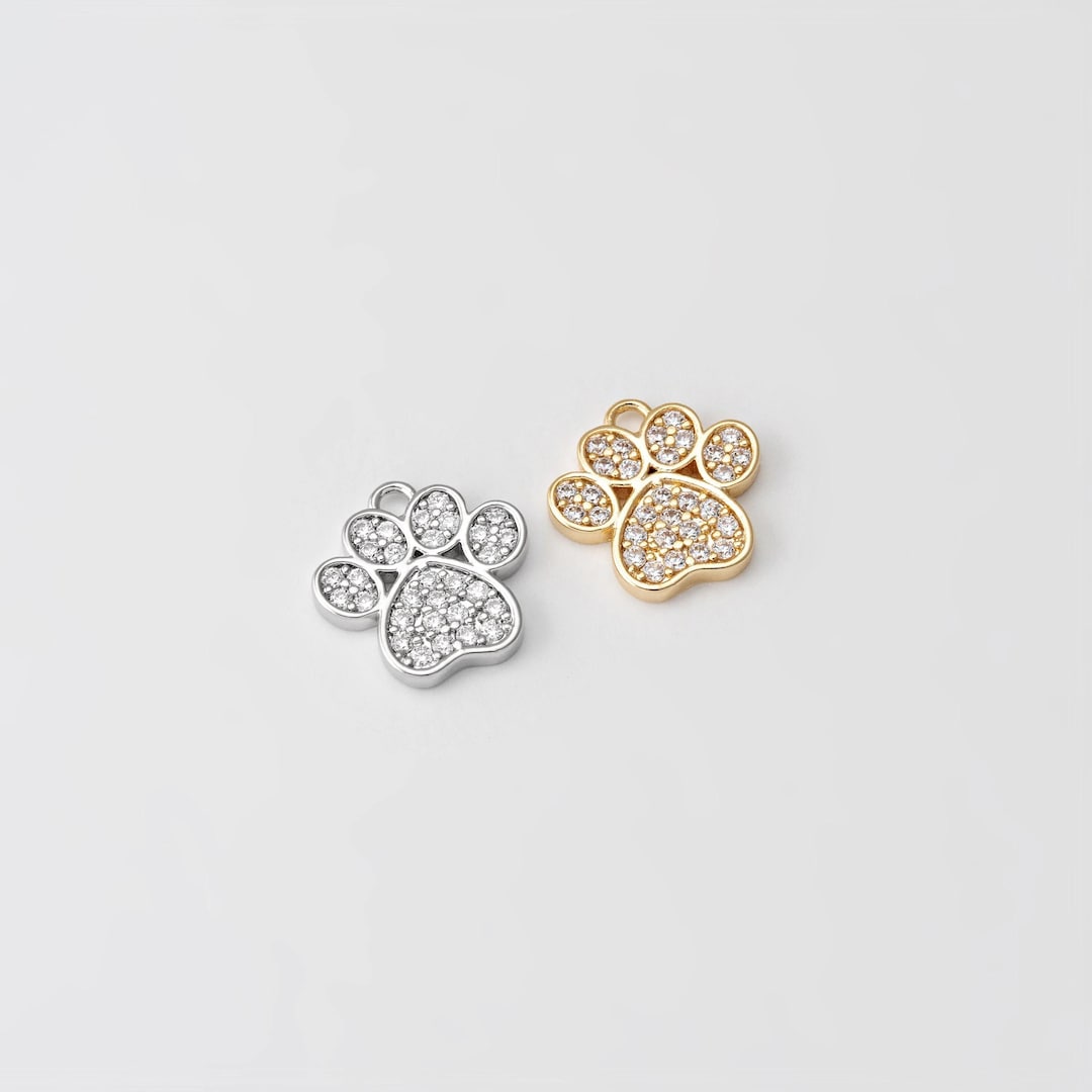 2PCS - Crystal Paw Print Charm, Dainty Gold Dog Paw Charms, Silver ...