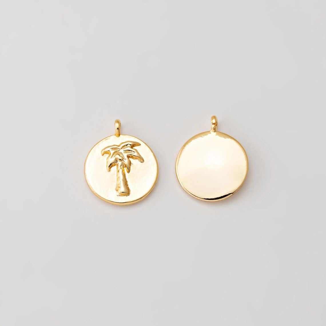 2PCS - Palm Tree Coin Pendant, Mini Round Tree Dangle Charm, Real 14K ...