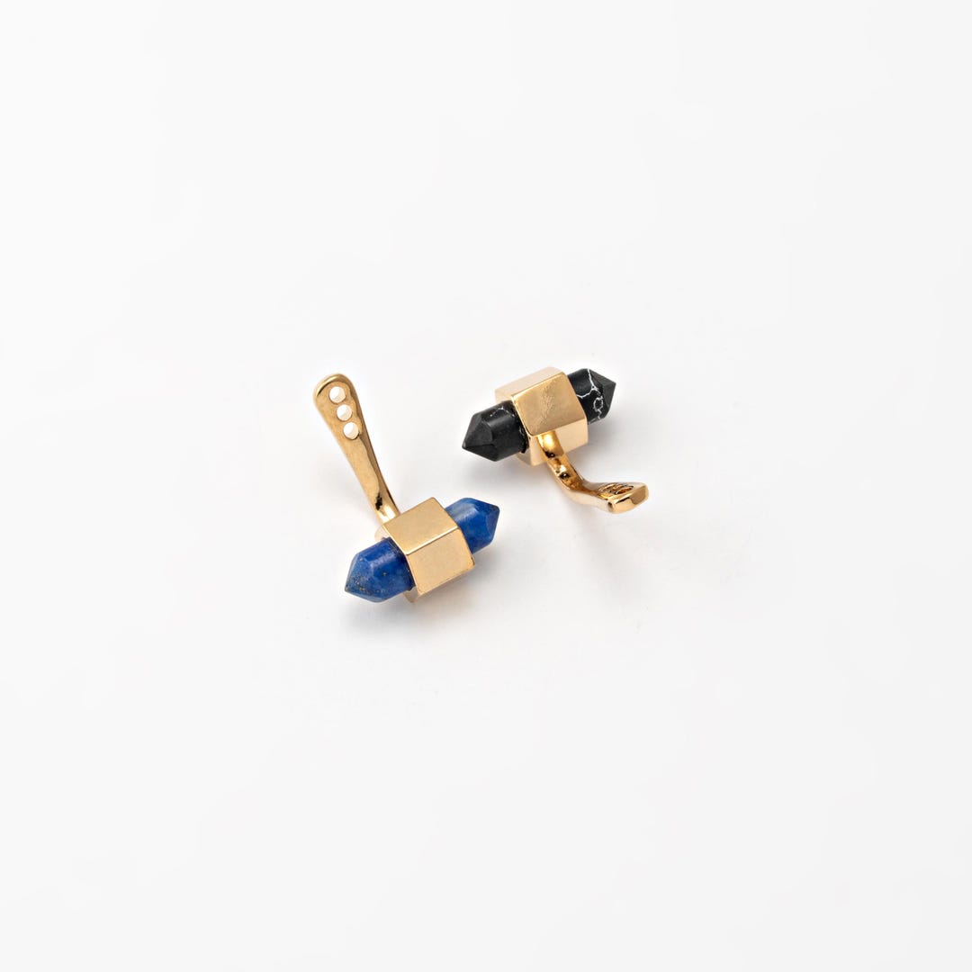 2PCS - Black Marble, Lapis Spike Ear Jacket, Earring Supplies, Real 14K ...