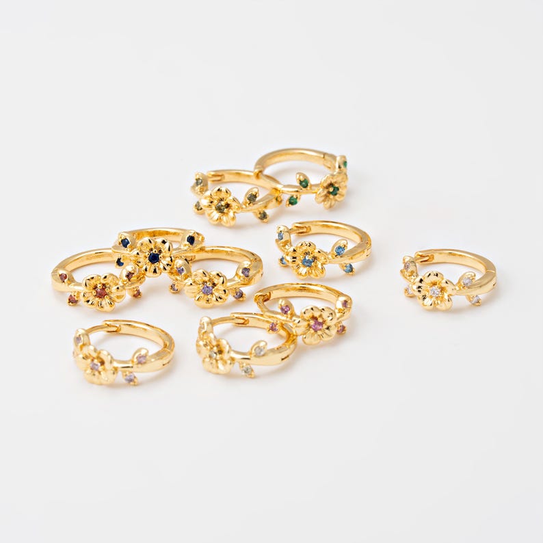 2PCS - Daisy Flower CZ Hoop Earrings, Huggie Hoops in 10 Colors ...