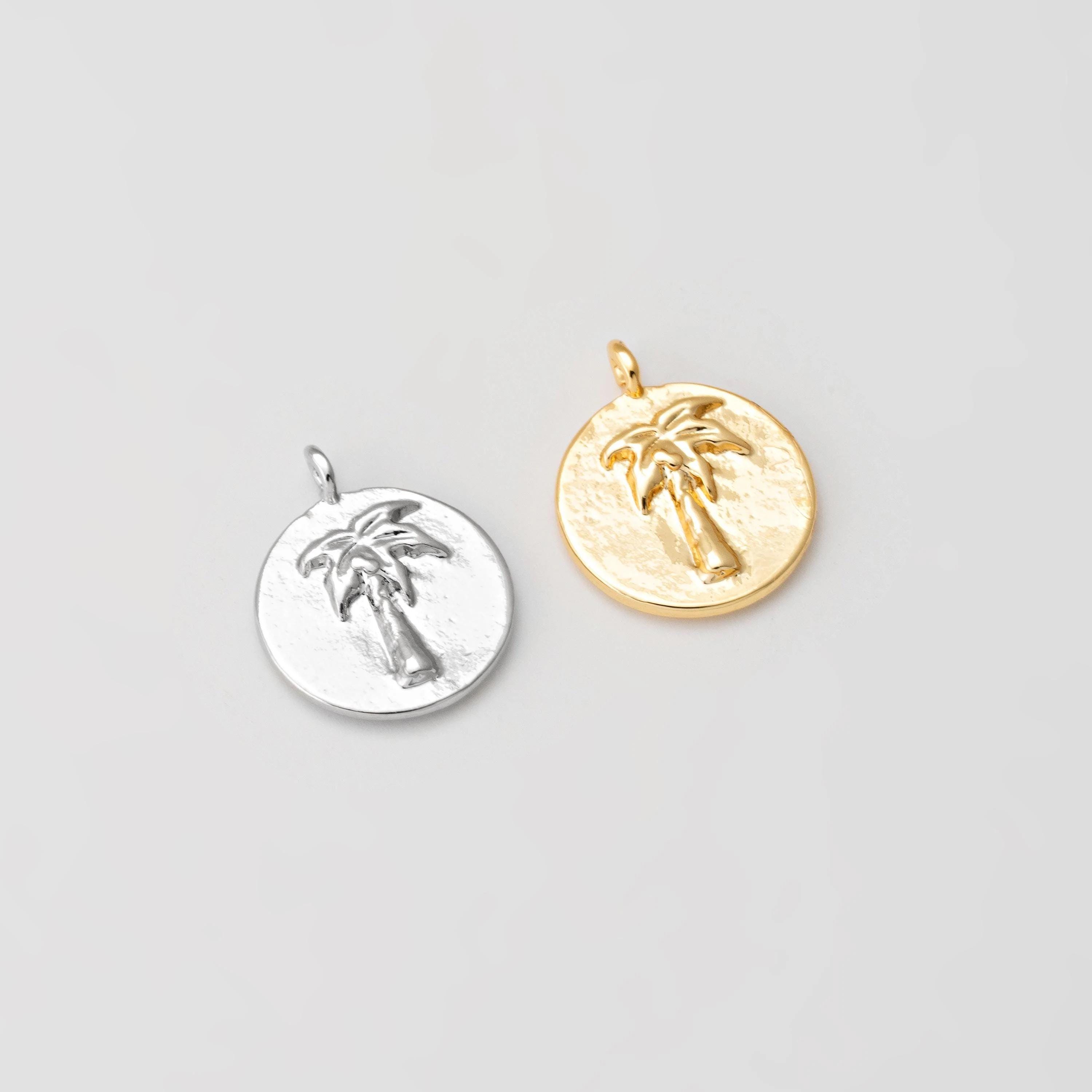 2PCS - Palm Tree Coin Pendant, Mini Round Tree Dangle Charm, Real 14K ...