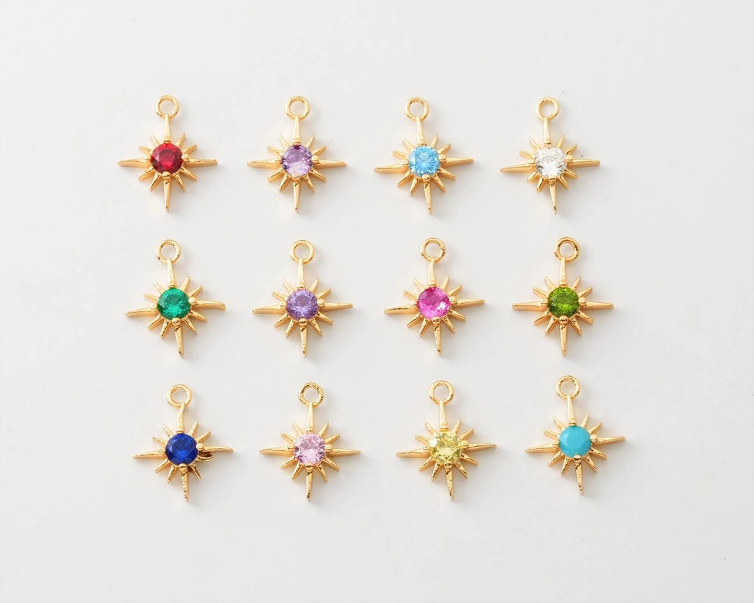 2PCS - Star Birthstone Charns, CZ Charm, Small Charm, Dangle Birthstone ...