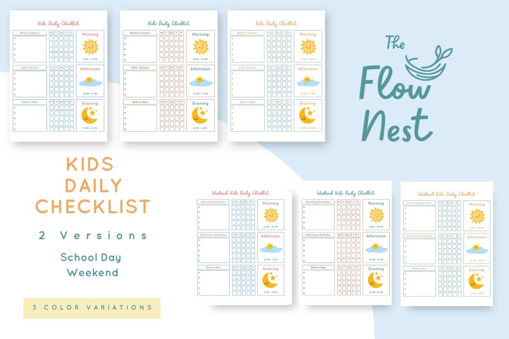 Kids Daily Checklist Printable Bundle | School Day + Weekend Routine ...