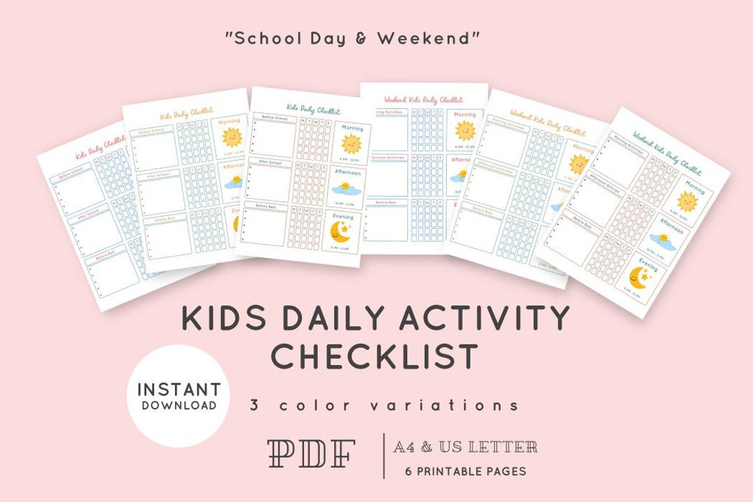 Kids Daily Checklist Printable Bundle | School Day + Weekend Routine ...