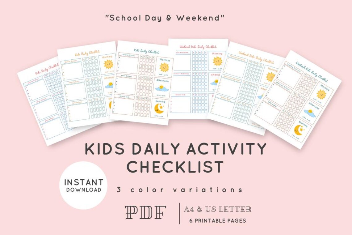 Kids Daily Checklist Printable Bundle | School Day + Weekend Routine ...