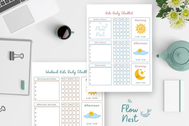 Kids Daily Checklist Printable Bundle | School Day + Weekend Routine ...
