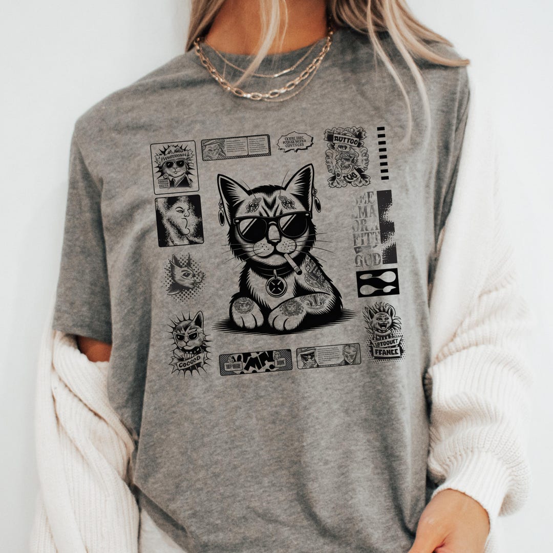 Vintage 90s Cat Tattoo Collage T-shirt, Retro Black & White Cat Graphic ...