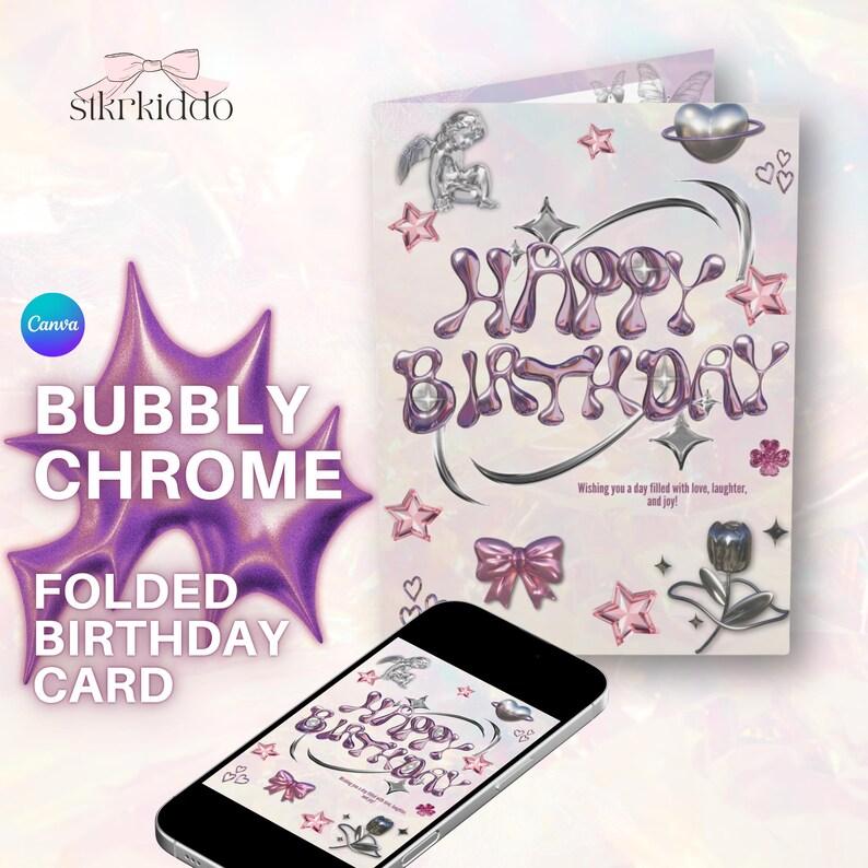 Y2K Birthday Card Template – Bubbly Chrome Folded Card, Canva Editable ...