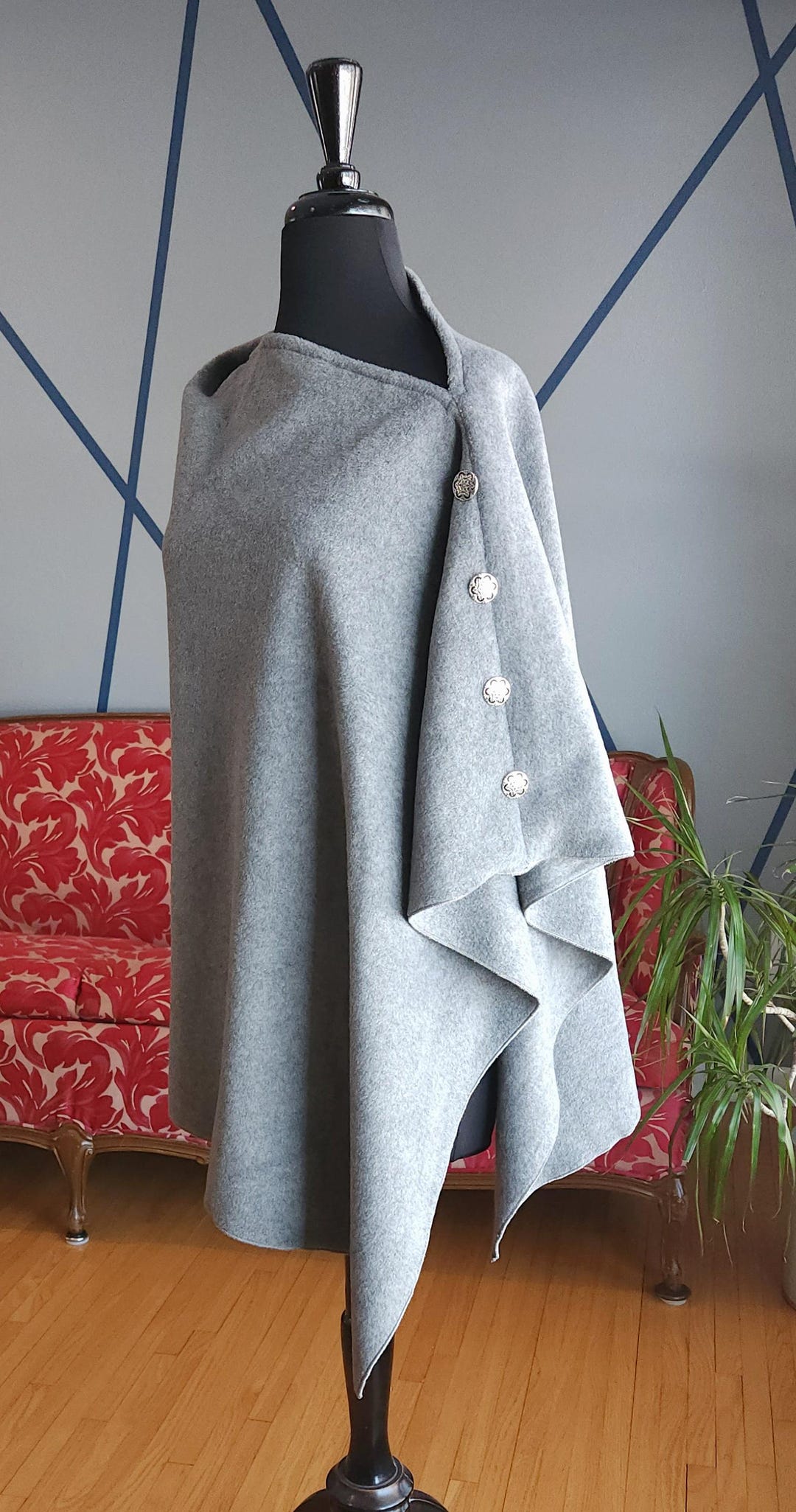 Asymmetrical Fleece Poncho Shawl With Silver Star Buttons - Etsy