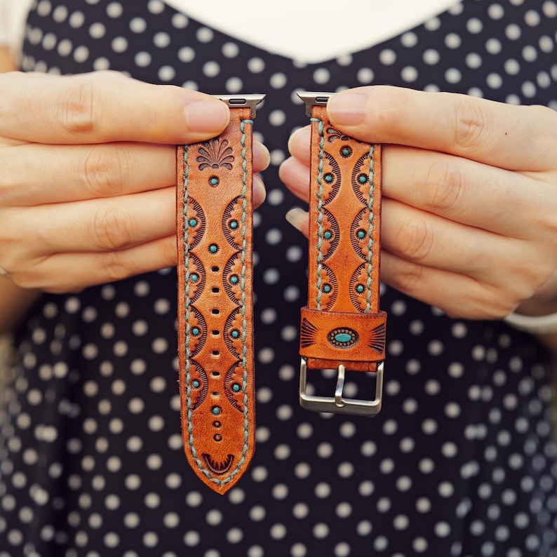 Leather Apple Watch Band, Boho Floral Tooled Strap for Women, Hand ...