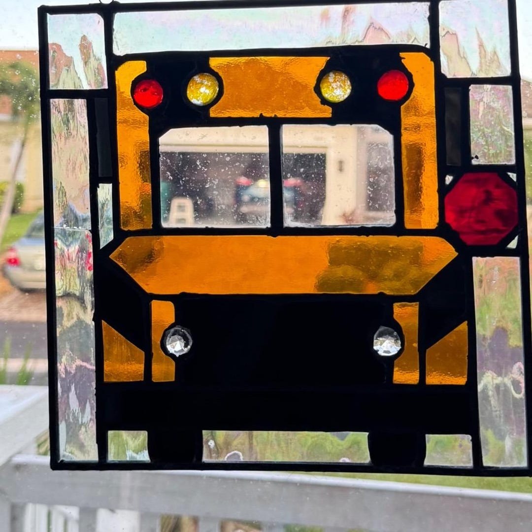 Stained Glass School Bus Window Hanging Decor Art Sun Catcher Vintage ...
