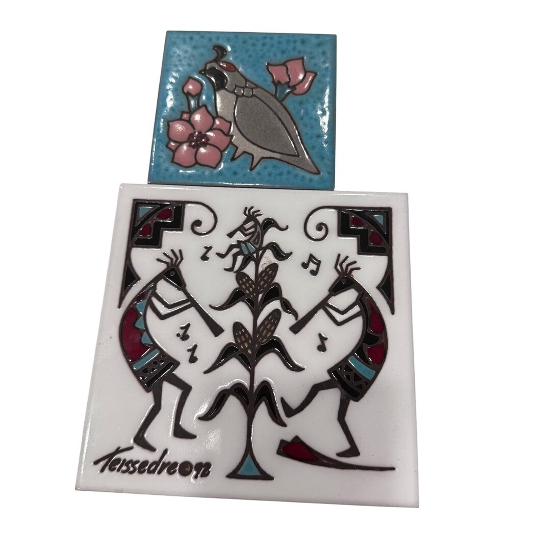 2 Teissedre Designs Kokopelli & Quail Tile Trivet Handcrafted 4x4 ...