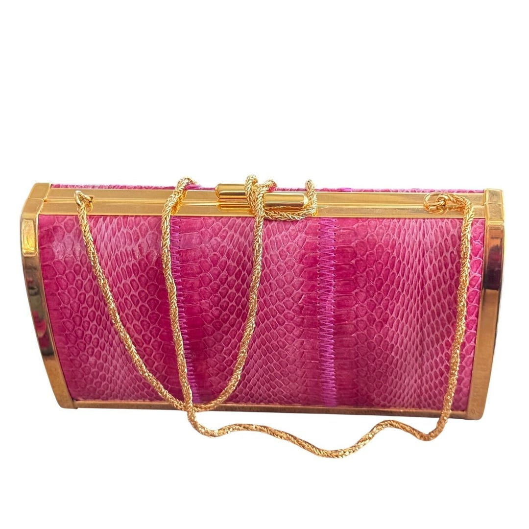 Vintage Clemente Genuine Snakeskin Clutch Pink Gold Chain 1970's 6 ...