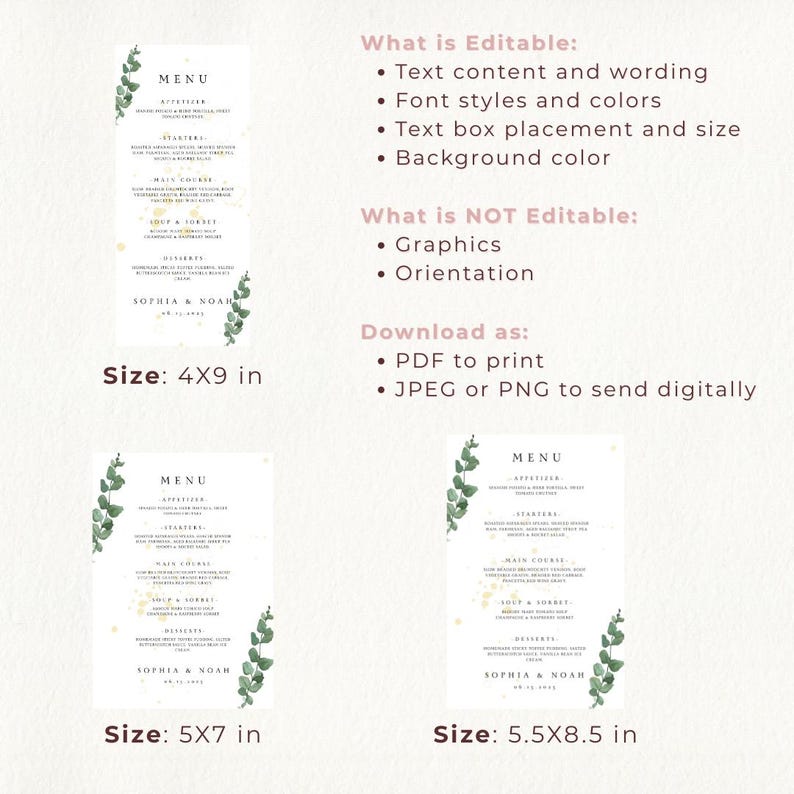Eucalyptus Watercolor Menu Template, Greenery Menu, Printable Menu ...