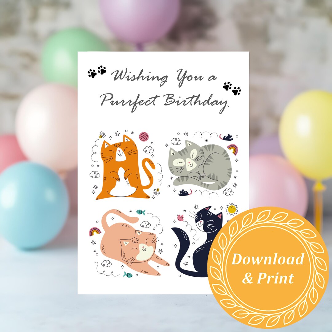 Cat Printable Birthday Card Download "wishing You a Purrfect Birthday ...
