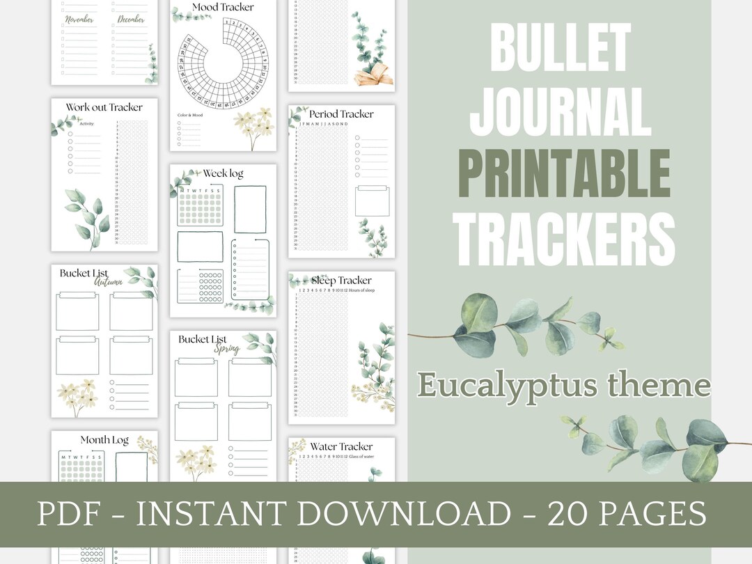 20 Printable Bullet Journal Trackers - Eucalyptus Theme | English ...