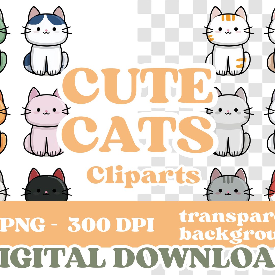Cute Cat Clipart Set - Kawaii Cats Digital Art, Hand-drawn ...