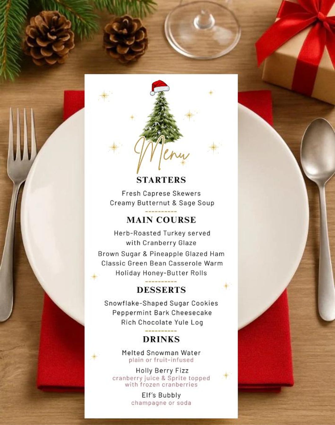 Elegant Christmas Dinner Menu Card Template, Printable Festive Holiday ...