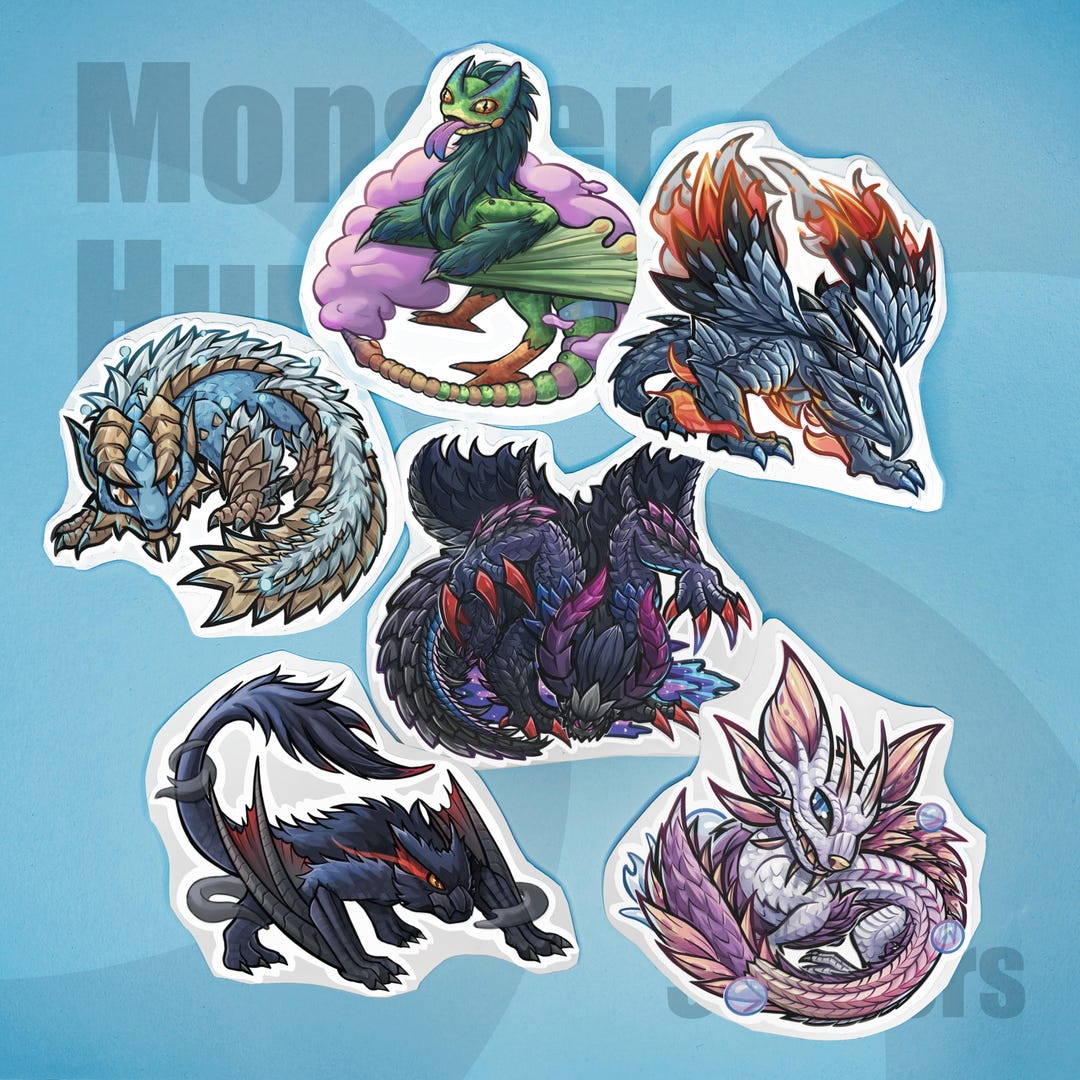 Monster Hunter | Vinyl Stickers | Mizutsune; Zinogre; Pukei-pukei; Nargacuga; Gore Magala ...