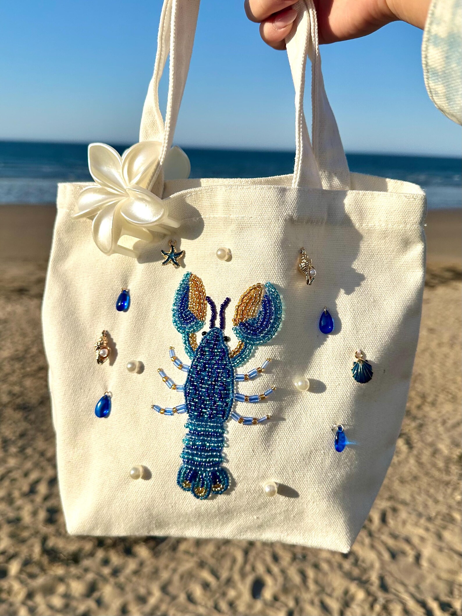 Embroidered Blue Lobster Canvas Tote Bag: Handmade Mini Beach Bag - Etsy