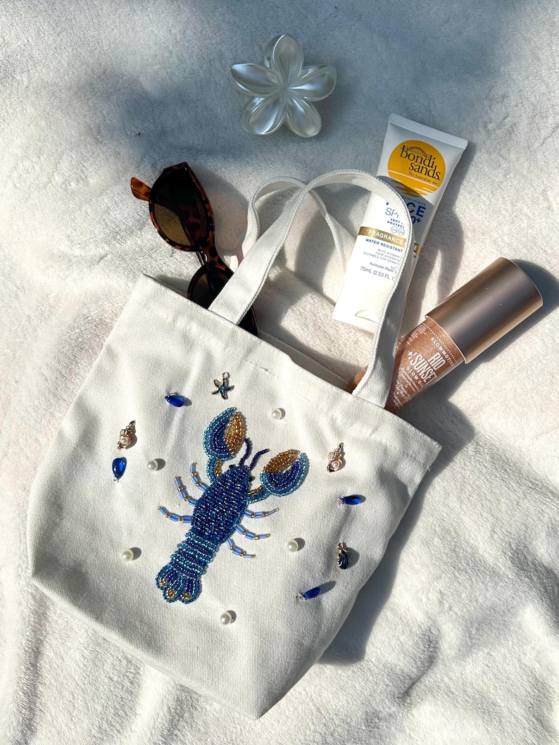 Embroidered Blue Lobster Canvas Tote Bag: Handmade Mini Beach Bag - Etsy