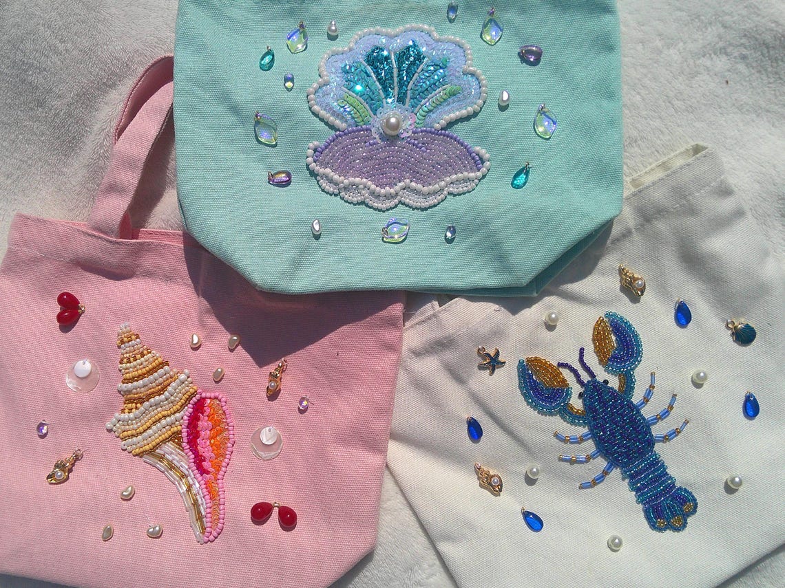 Embroidered Blue Lobster Canvas Tote Bag: Handmade Mini Beach Bag - Etsy