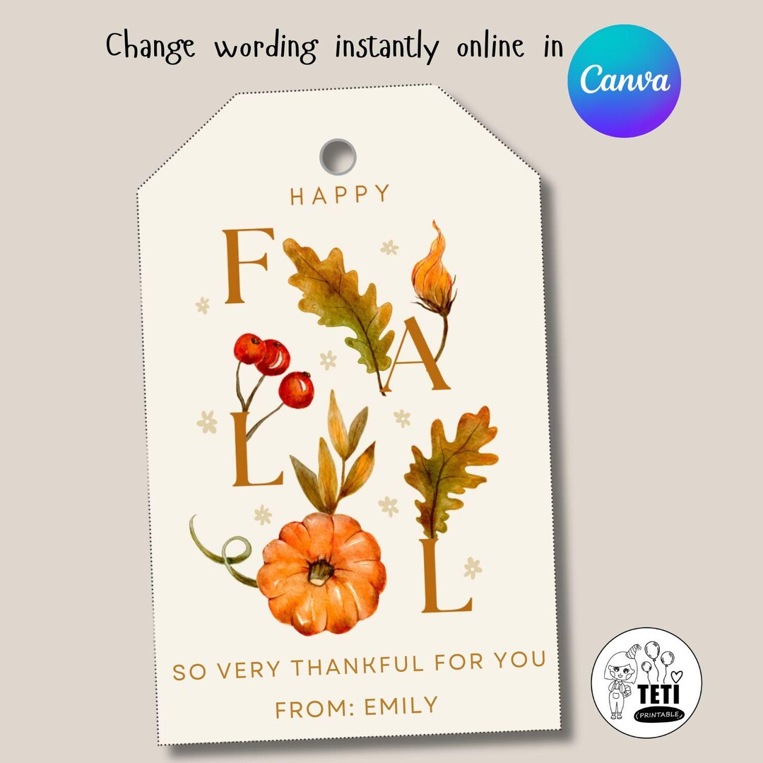 Happy Fall Gift Tag, Printable Hello Fall Gift Tag, Thanksgiving Favor ...