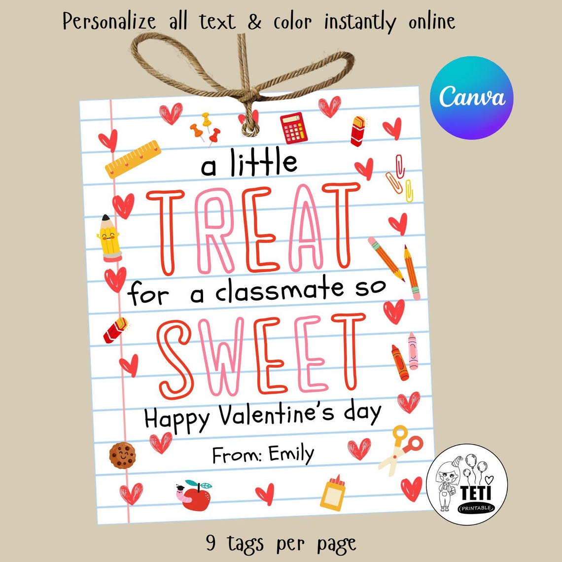 Classmate Valentines Treat Tag, Kids Classroom Valentine Tags, School ...