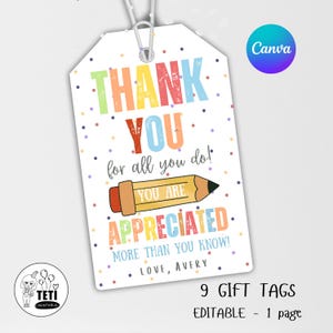 Editable Teacher Appreciation Gift Tags, Printable Favor Labels (canva ...