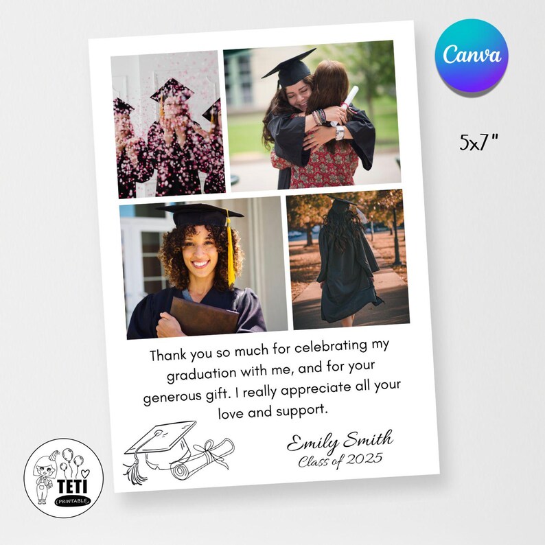 Graduation Photo Thank You Card Template, Printable Modern Graduate ...