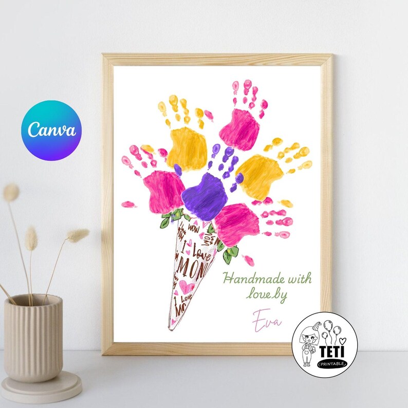 Mother's Day Handprint Flower Bouquet Gift for Mom, Grandma, Handprint ...