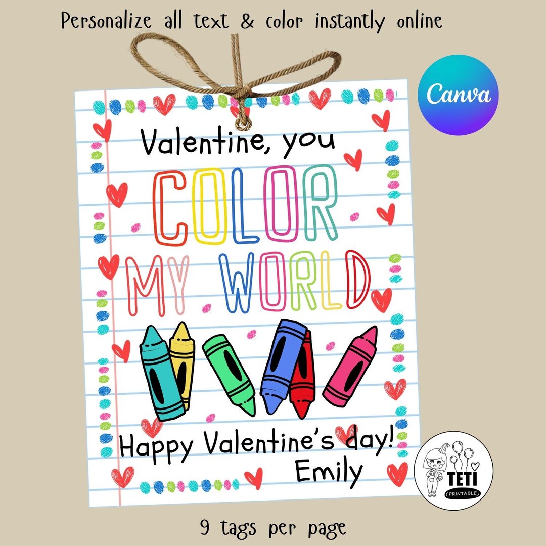 Valentine Crayon Gift Tag, Color My World Classroom Treat Bag Label ...