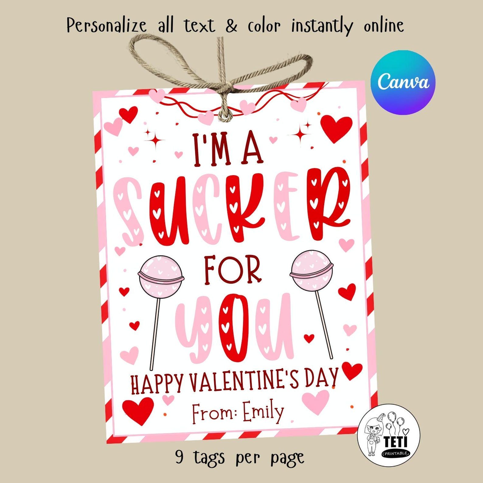 Kids Valentine Lollipop Cards I'm a Sucker for You, Editable Canva - Etsy