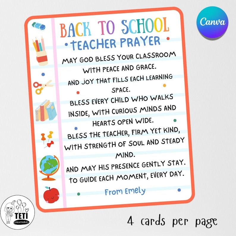 Back to School Teacher Prayer Cards, Christian Teacher Blessing Gift ...