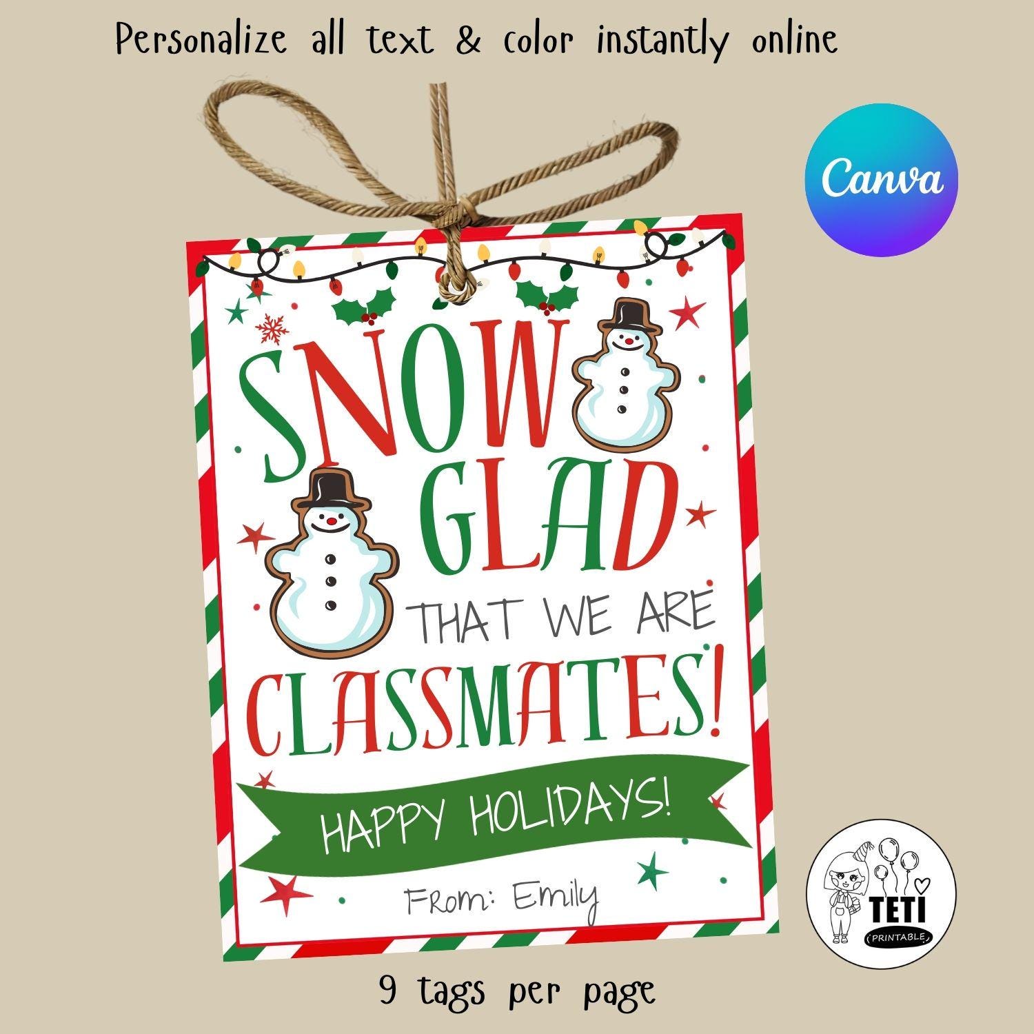 Snow Glad Classmate Gift Tags, Holiday Treat Labels, Christmas ...