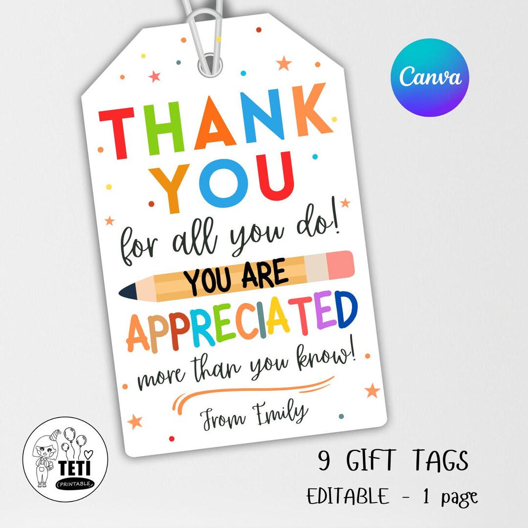 Editable Teacher Appreciation Week Gift Tags, Thank You Teacher Gift Tag, School Party Favor ...