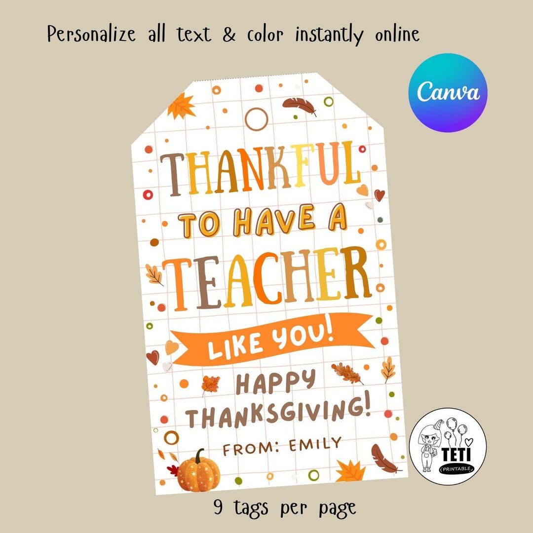 Teacher Thanksgiving Gift Tags Printable, Fall Party Favors, Autumn ...