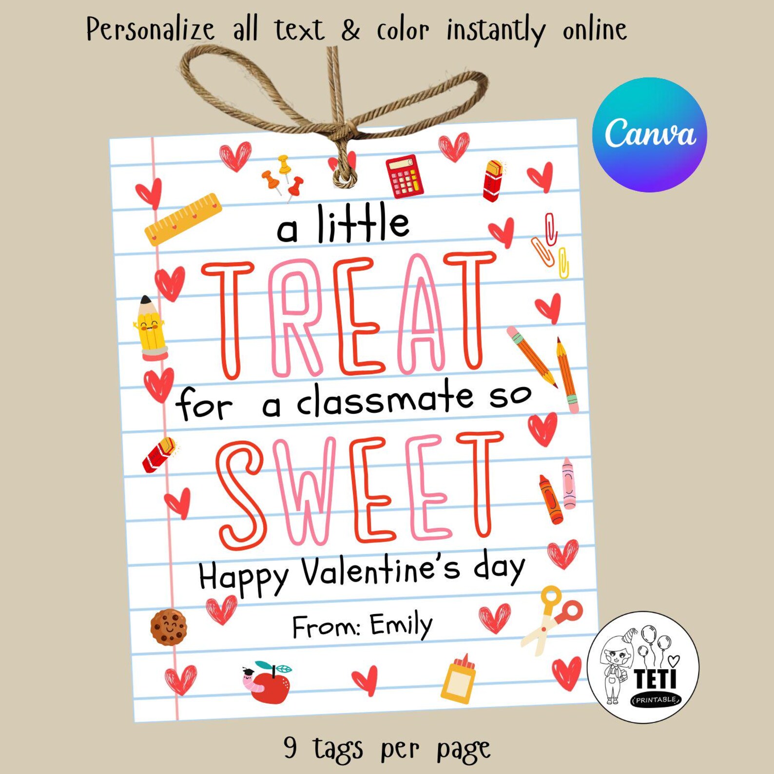 Classmate Valentines Treat Tag, Kids Classroom Valentine Tags, School ...