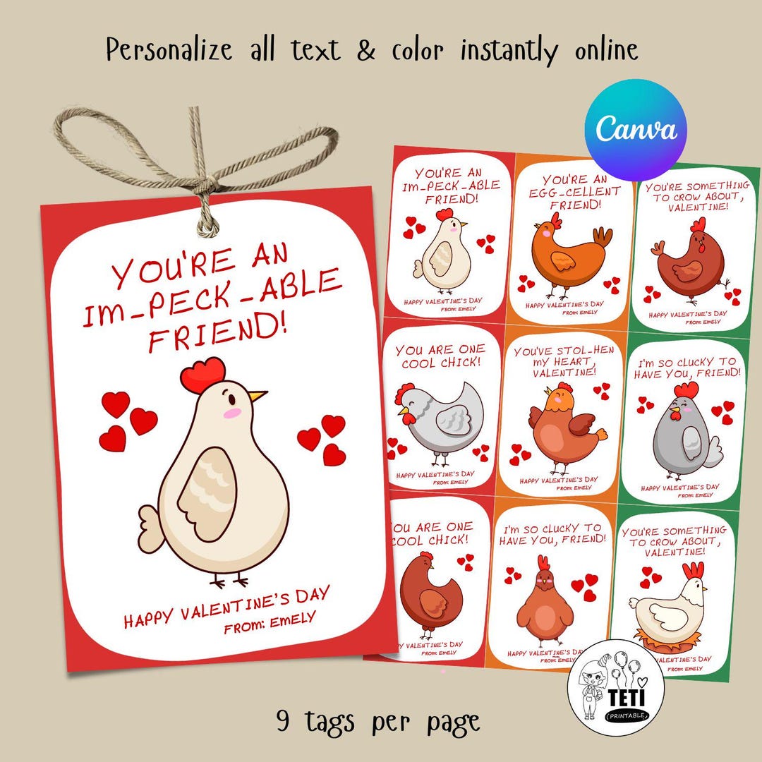 Chicken Valentines Day Cards, Classroom Valentine Card for Kids, Farm ...