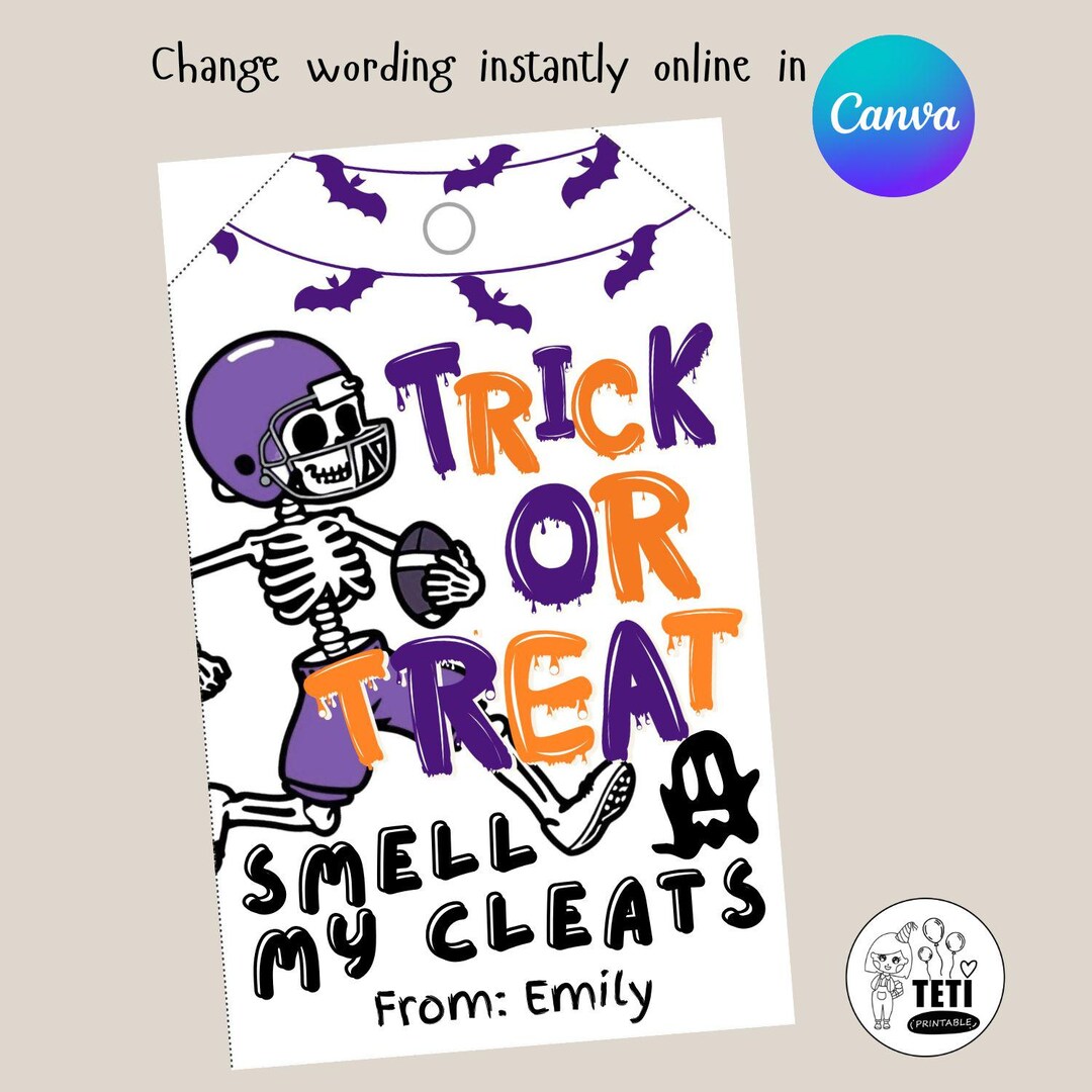 Halloween Football Tag, Trick or Treat Smell My Cleats Tag, Purple ...