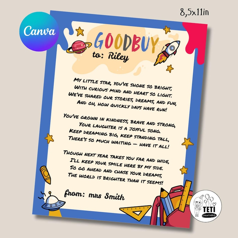 Editable End of Year Poem From Preschool Teacher, Goodbye Letter for ...