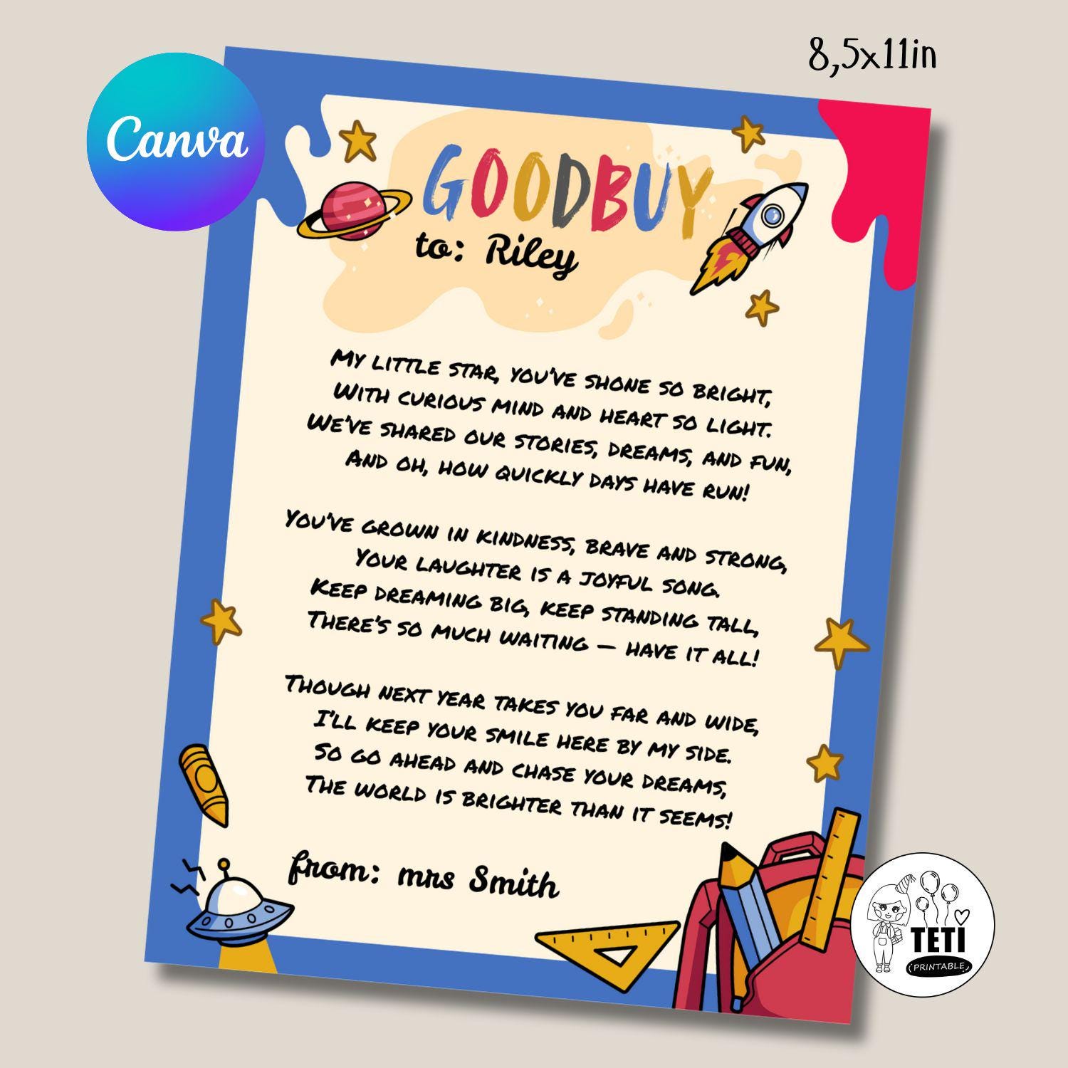 Editable End of Year Poem From Preschool Teacher, Goodbye Letter for ...