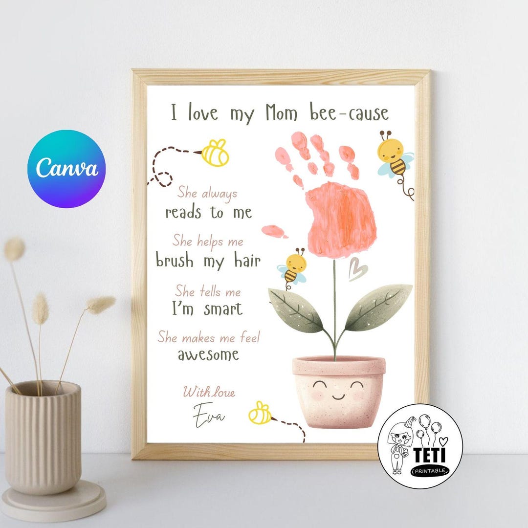 I Love My Mom Bee-cause Mother's Day Handprint, Keepsake Gift for Mom ...