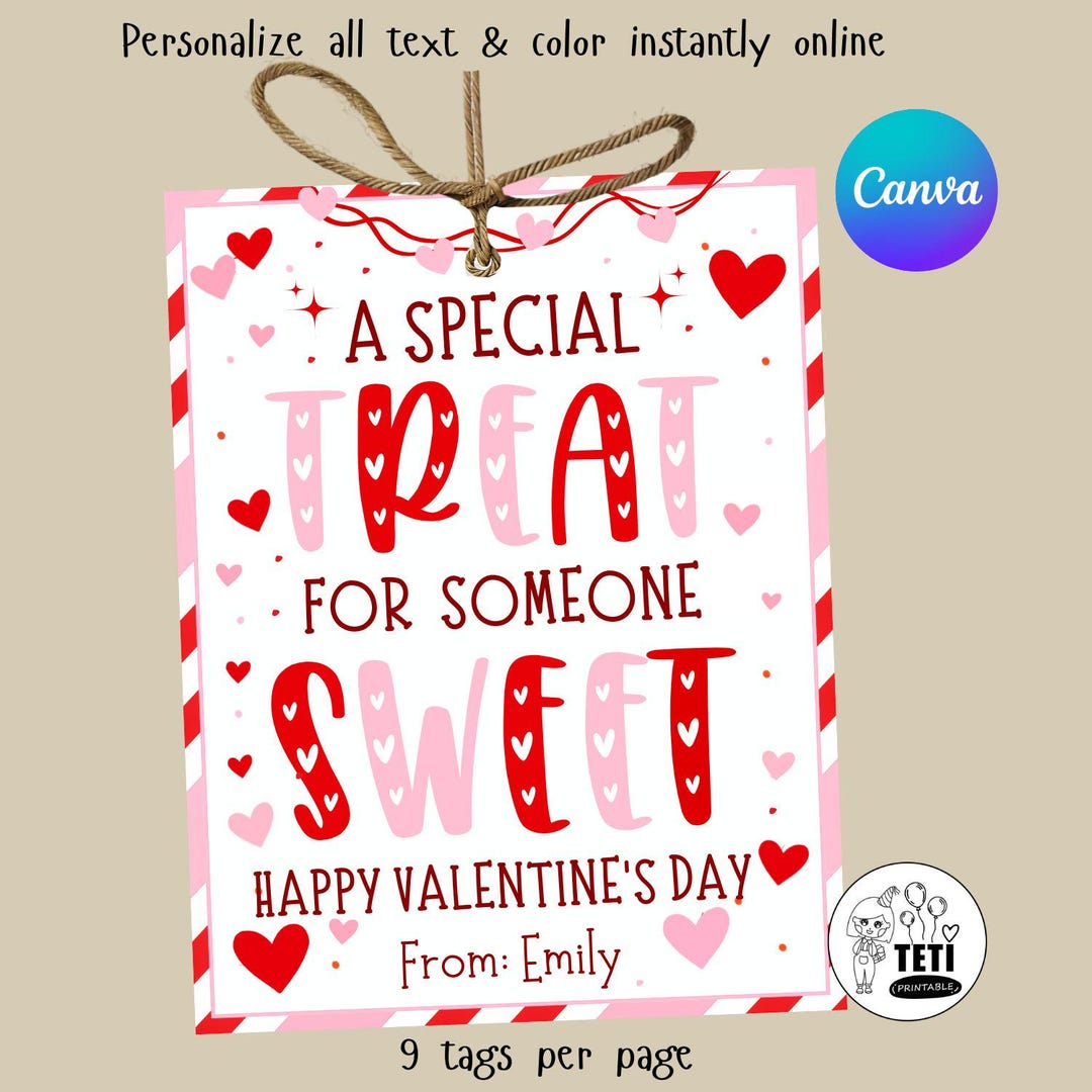 Printable Valentine Sweet Treat Tag, Valentine's Day Tags, Teacher ...