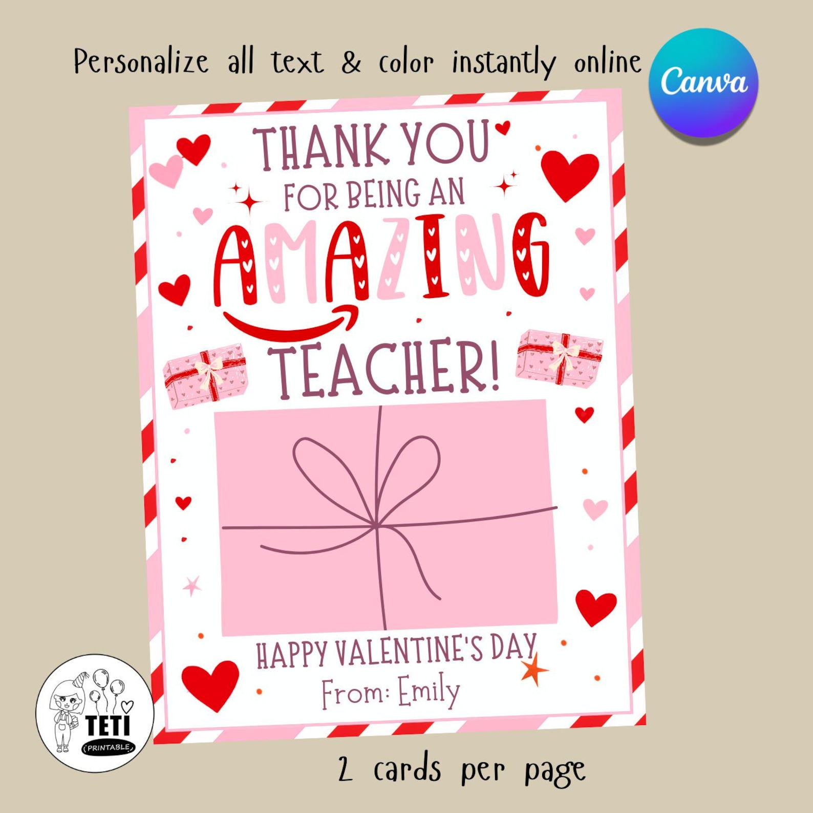 Valentine's Day Teacher Gift Card Holder, Thank You Teacher Printable ...