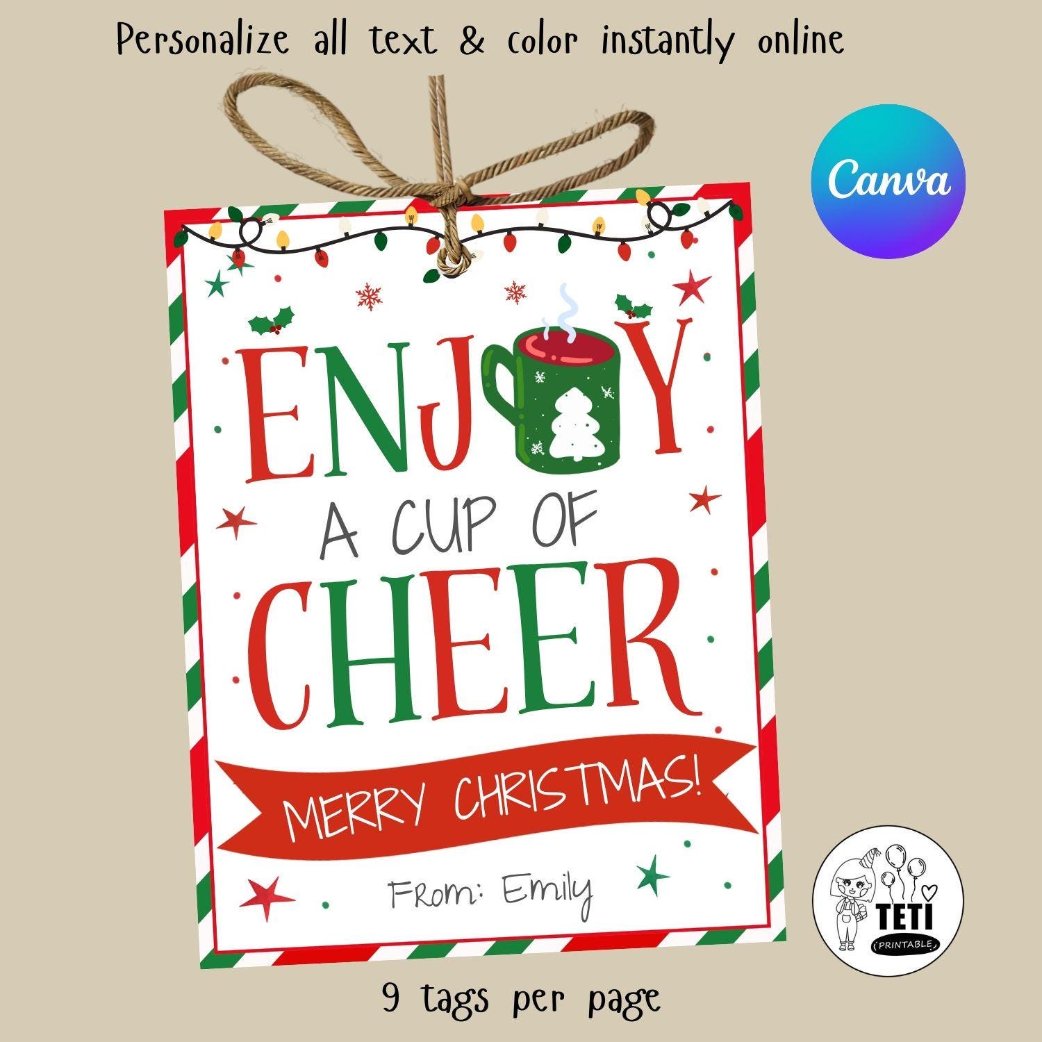 Enjoy a Cup of Cheer Christmas Gift Tags Printable, Hot Cocoa Labels ...