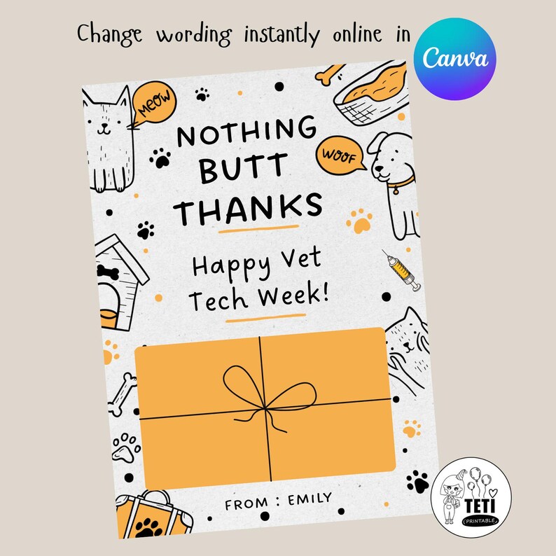 Editable Vet Tech Week Gift Card Holder, Vet Tech Appreciation Gift ...